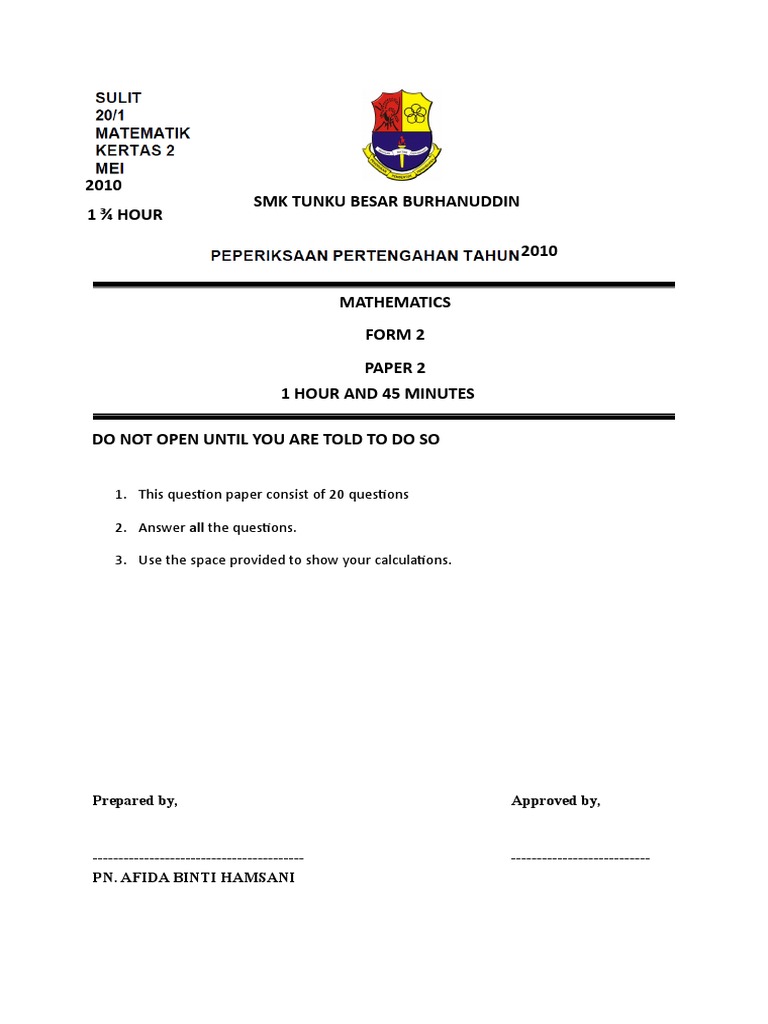 Form 2 Mathematics Exam Paper 2010 | PDF | Equations | Mathematical ...