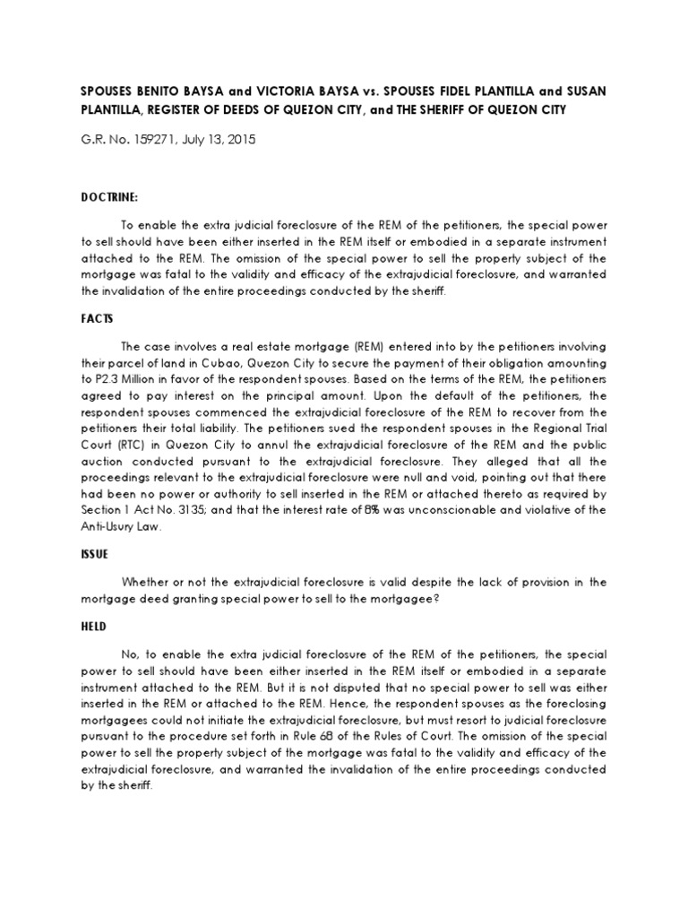 Extrajudicial Foreclosure Deemed Invalid Due to Lack of Special Power ...