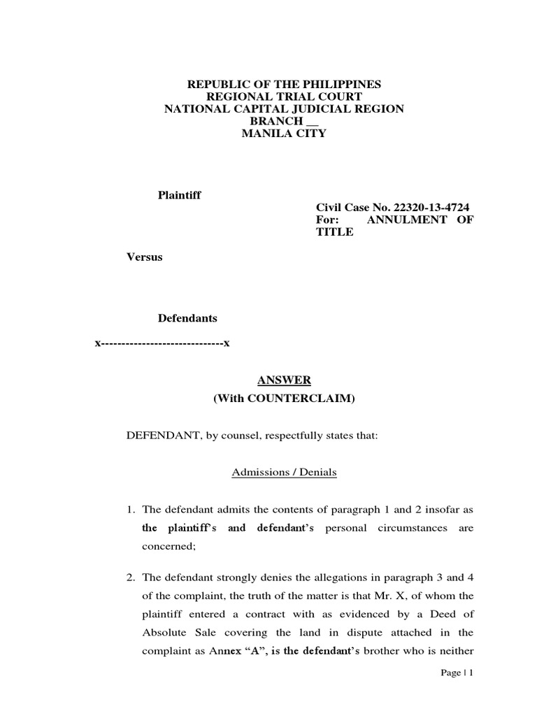 Answer For Annulment of Title Complaint | PDF | Lawsuit | Complaint