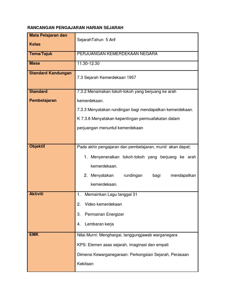 Rancangan Pengajaran Harian Sejarah | PDF