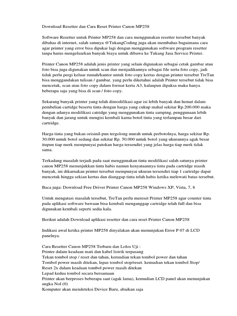 Cara Reset Printer Canon 258 Dan Kode Eror | PDF | Bisnis | Teknologi ...