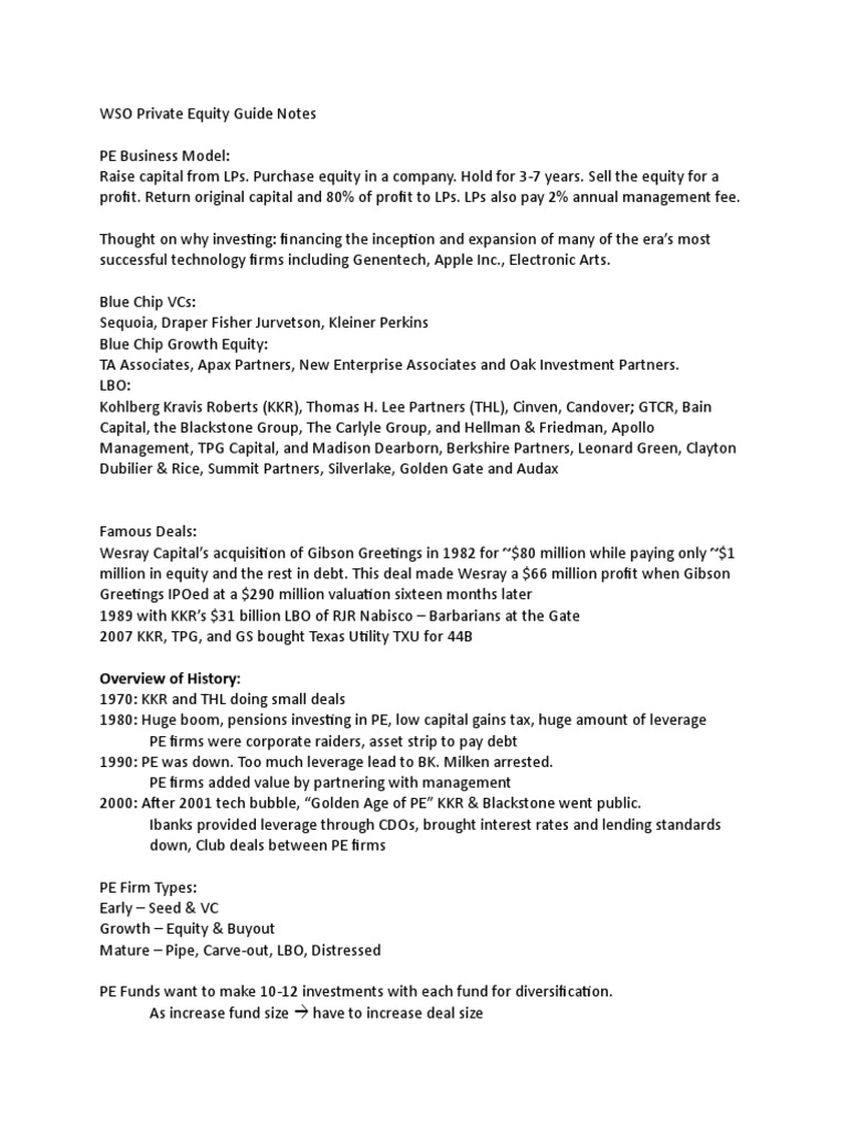 WSO Private Equity Guide Notes | PDF | Private Equity | Leveraged Buyout