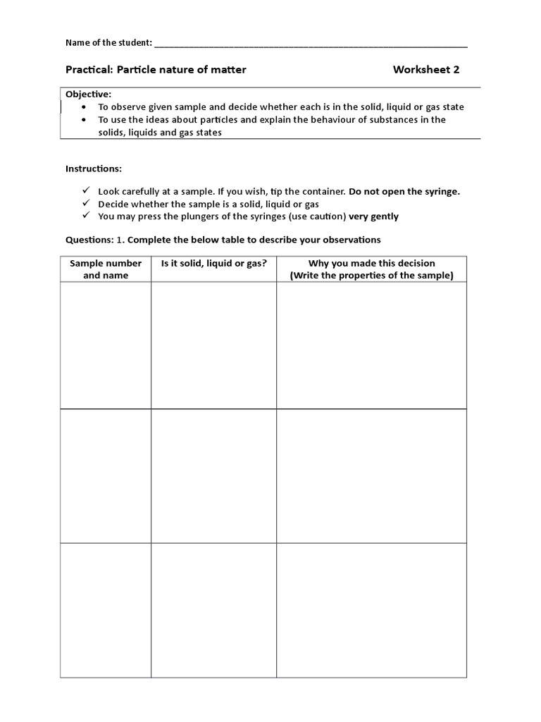 Practical: Particle Nature of Matter Worksheet 2: Objective | PDF