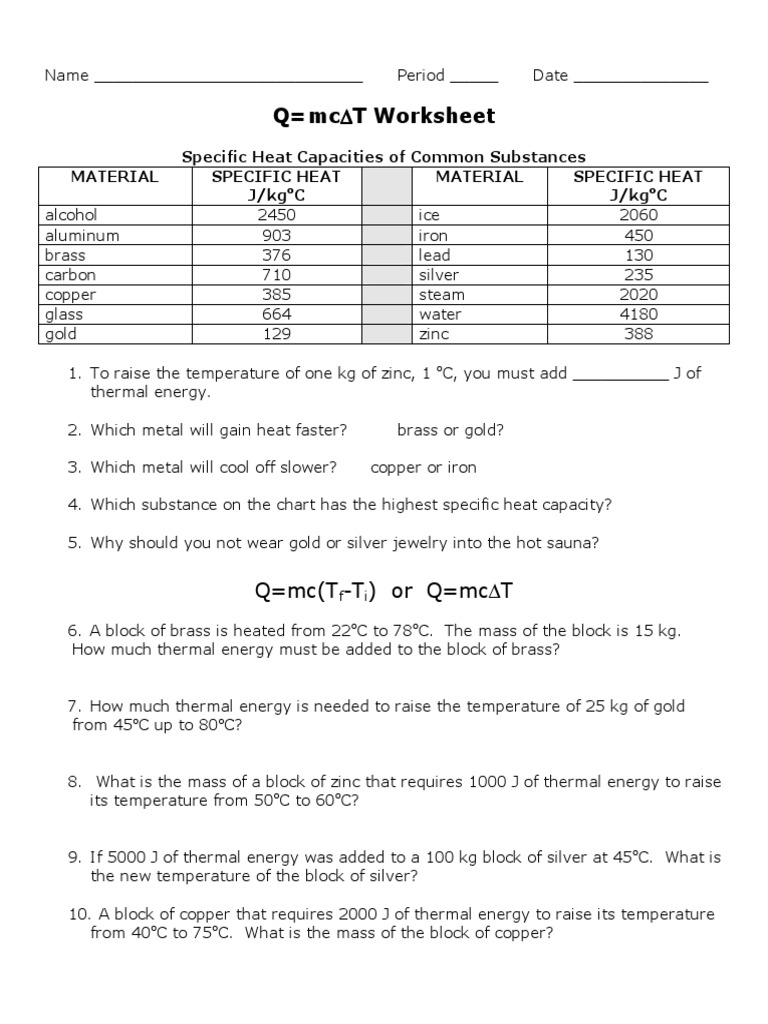 Specific Heat Capacity Practice Worksheet | PDF | Heat Capacity | Heat