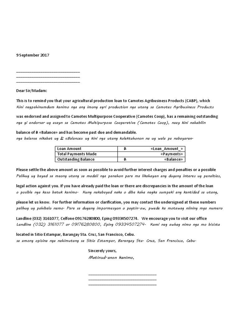 Sample Collection Letter With Cebuano Translation | PDF