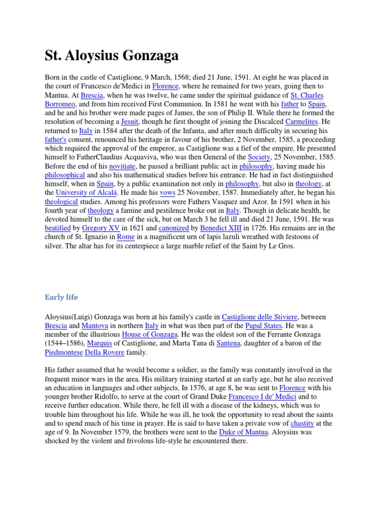 St. Aloysius Gonzaga: Early Life | PDF | Catholic Church | Roman Catholic
