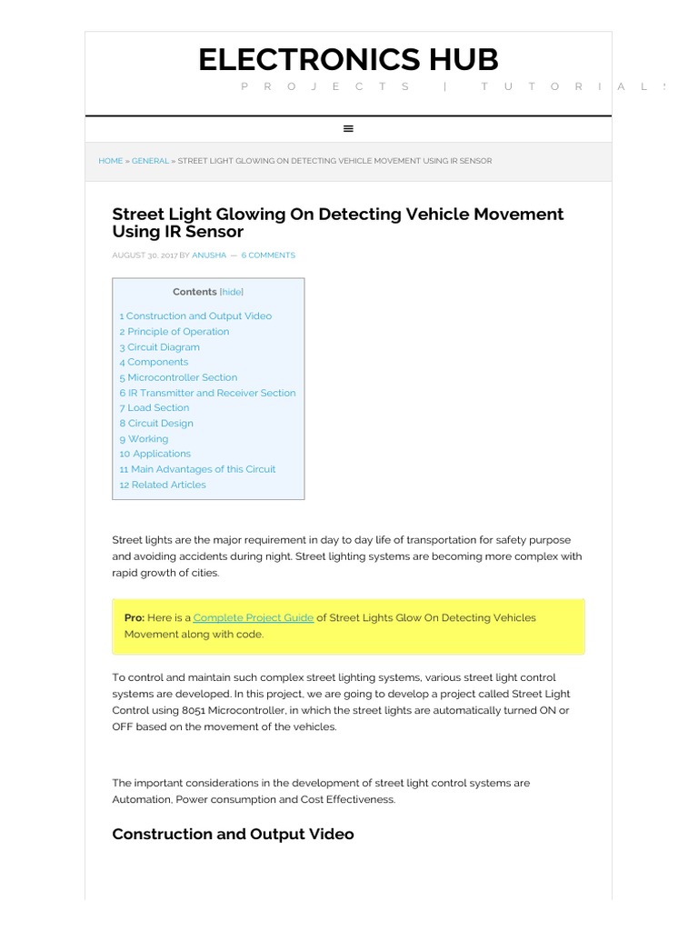 Street Light That Glows On Detecting Vehicle Movement Using Ir Sensor | PDF | Infrared ...
