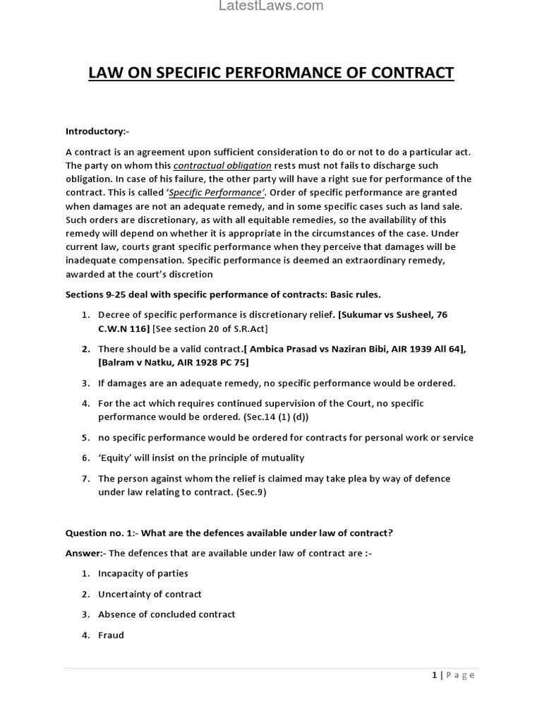 Specific Performance of Contracts FAQs | PDF | Specific Performance ...