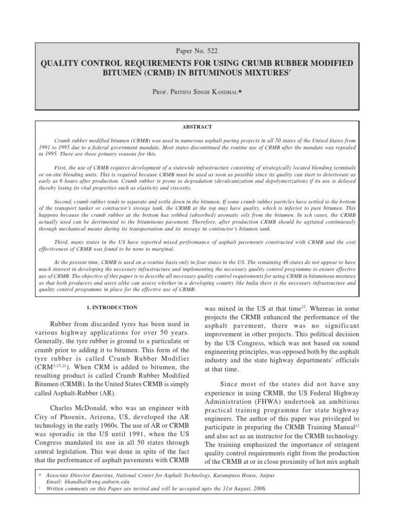 Quality Control Requirements For Using Crumb Rubber Modified Bitumen ...