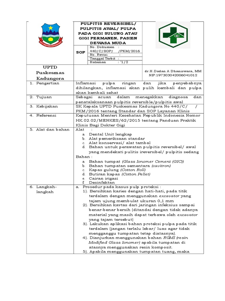 SOP Pulpitis Reversibel Dewasa Muda | PDF
