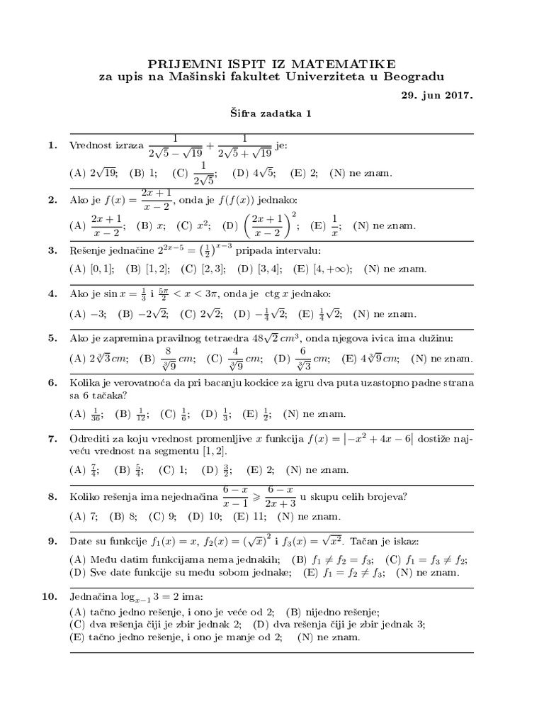 Prijemni Ispit - Masinski Fakultet Beograd 29. Jun 2017. | PDF