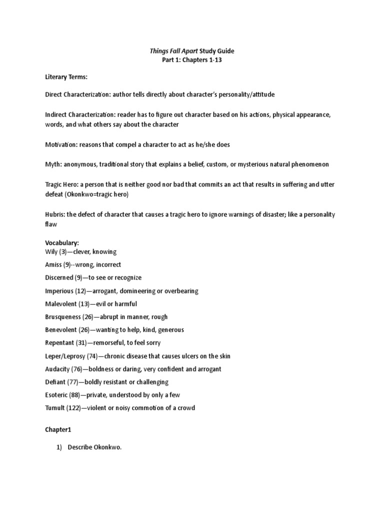 Part 1: Chapters 1-13 Literary Terms:: Things Fall Apart Study Guide | PDF