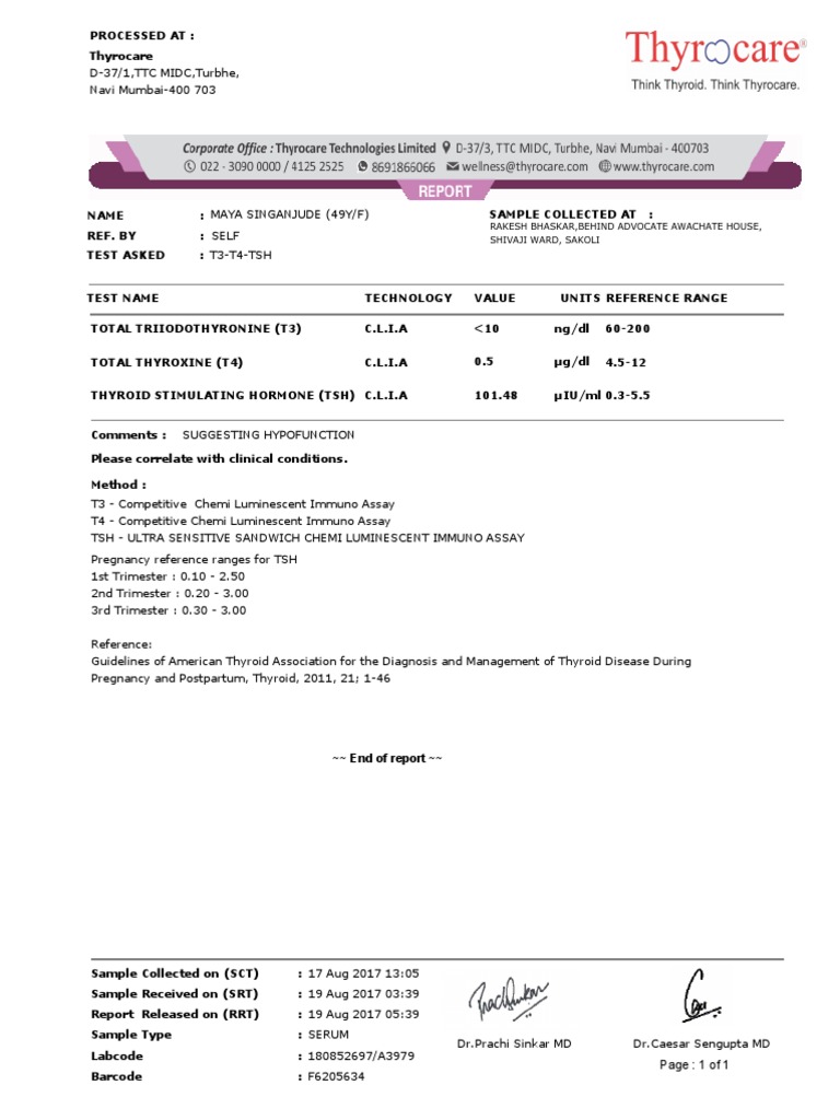 Thyroid Function Test Results Report | PDF
