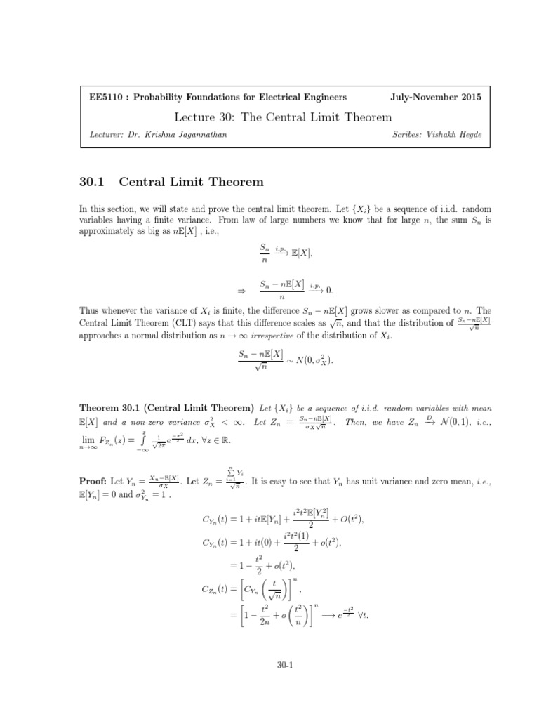 Lecture30 Central Limit Theorem PDF | PDF | Normal Distribution | Probability Density Function