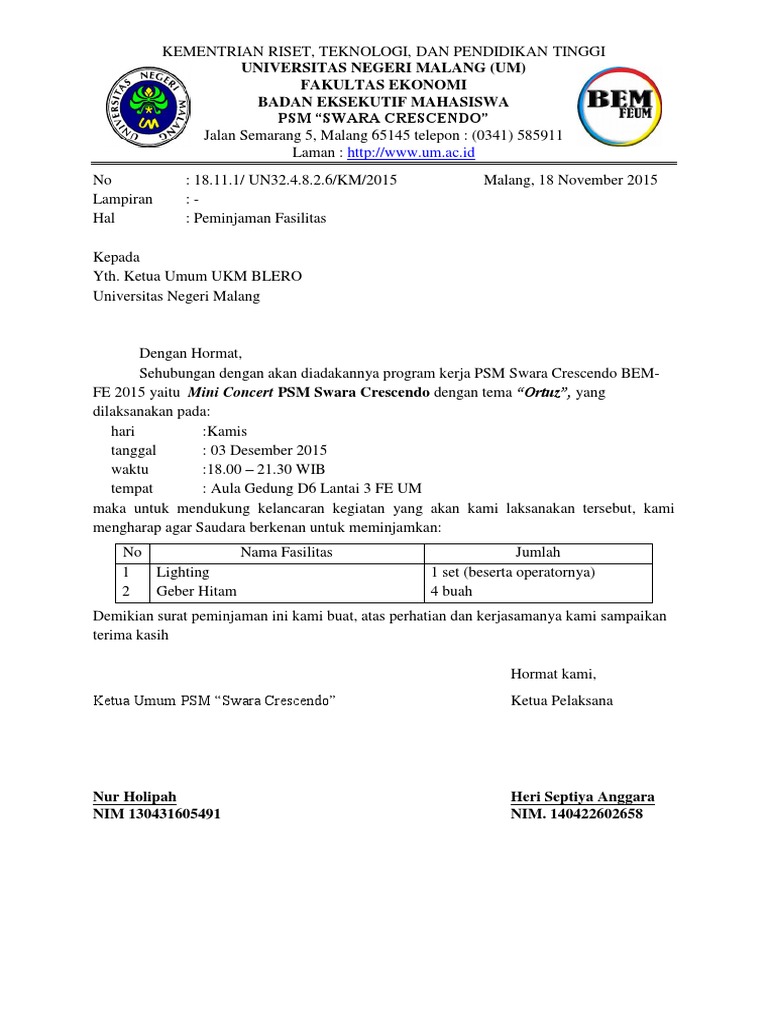 Surat Peminjaman Fasilitas | PDF