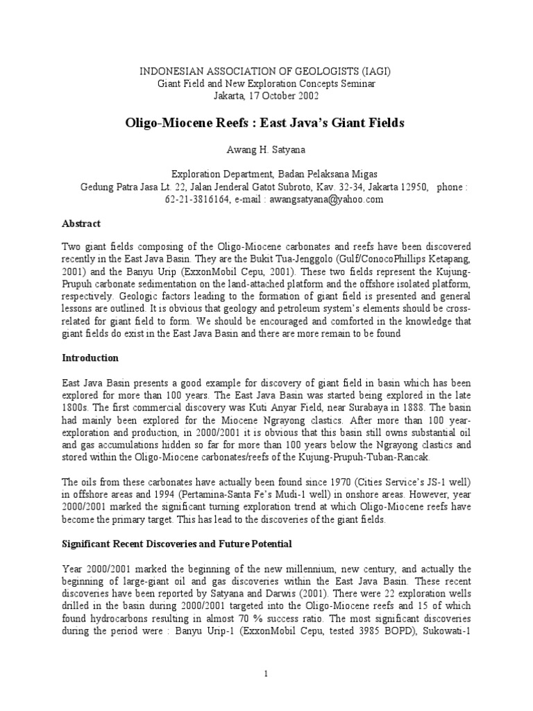 Oligo-Miocene Reefs East Javas Giant Fields - Awang Harun Satyana | PDF ...