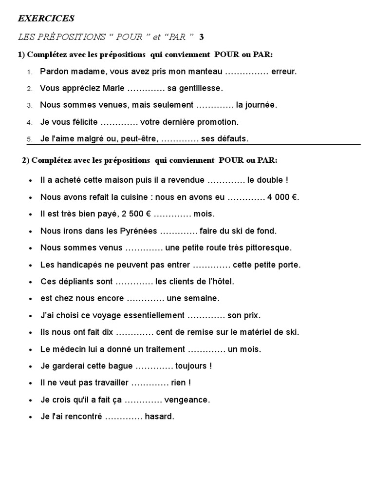 Exercices sur les prépositions "pour" et "par" | PDF