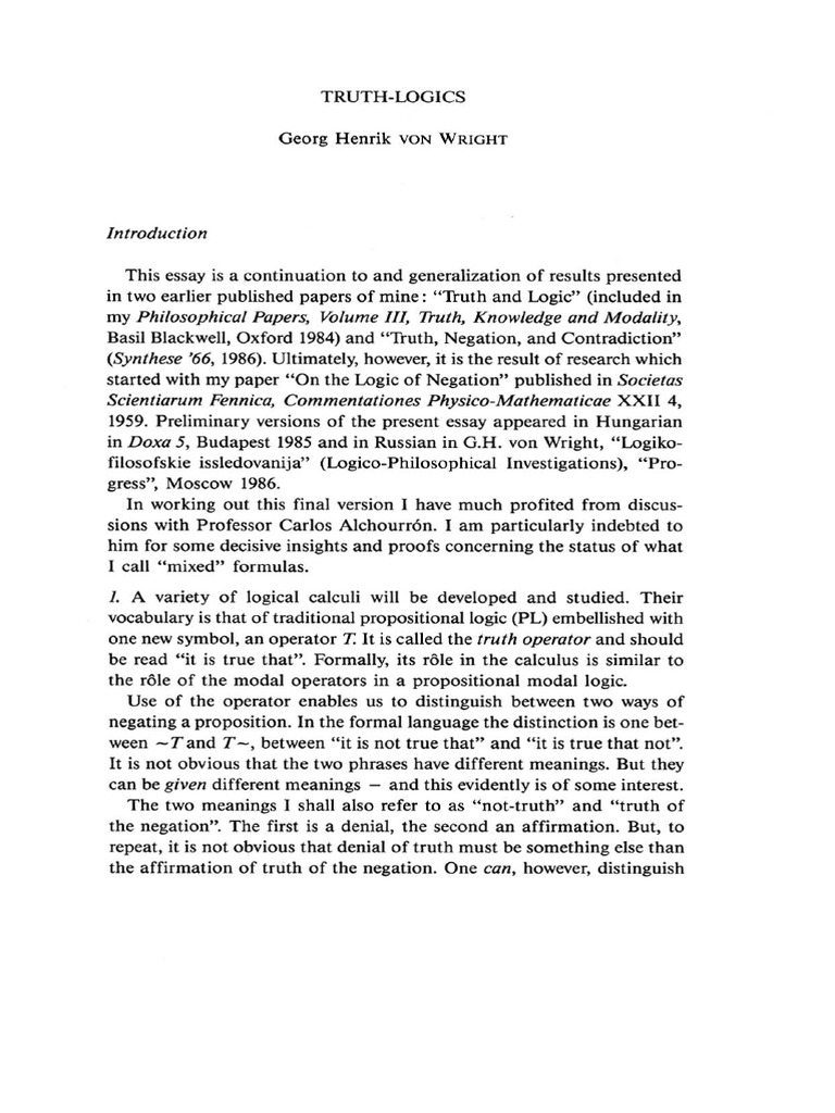 Von Wright, Truth-Logics | PDF | Logic | Theorem