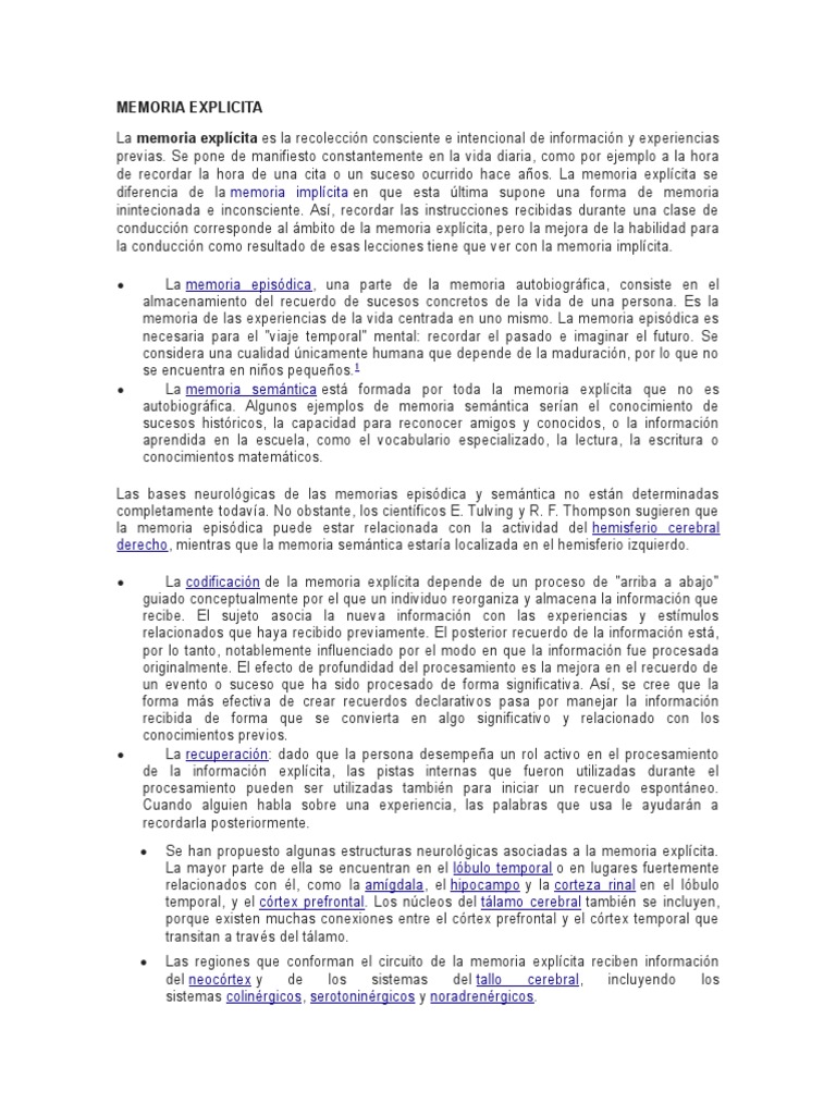 Memoria Explícita: Tipos y Procesos | PDF | Neurociencia Cognitiva ...