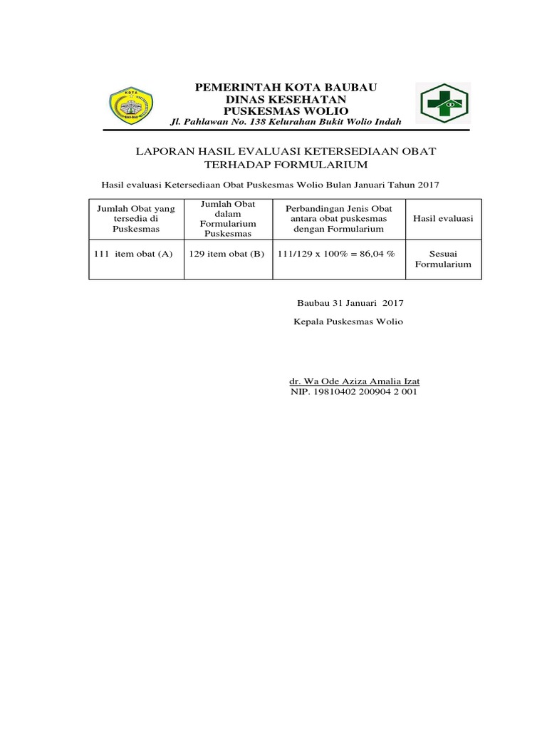 Laporan Hasil Evaluasi Ketersediaan Obat Terhadap Formularium Pdf
