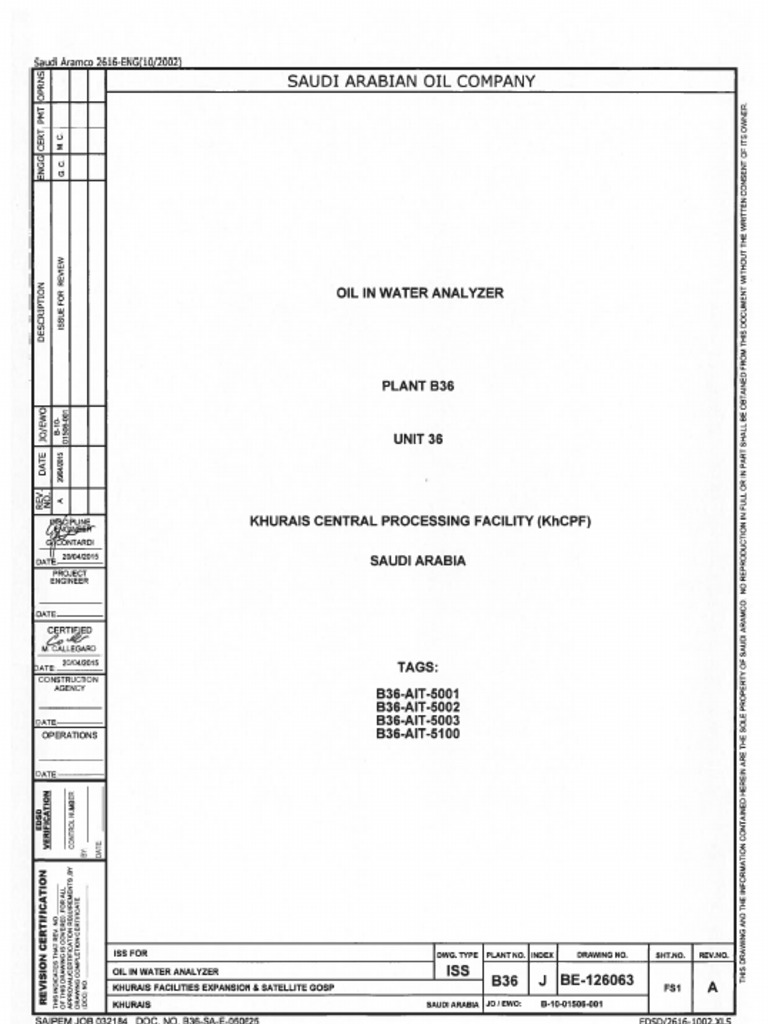 Instrument Specification Sheet for Oil in Water Analyzer and Associated ...