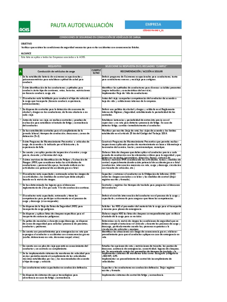 Pauta Autoevaluacion Conduccion Transporte Carga | PDF | Camión | Transporte
