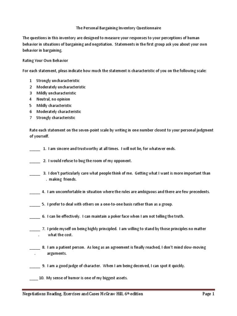 The Personal Bargaining Inventory Questionnaire PDF | PDF | Negotiation ...