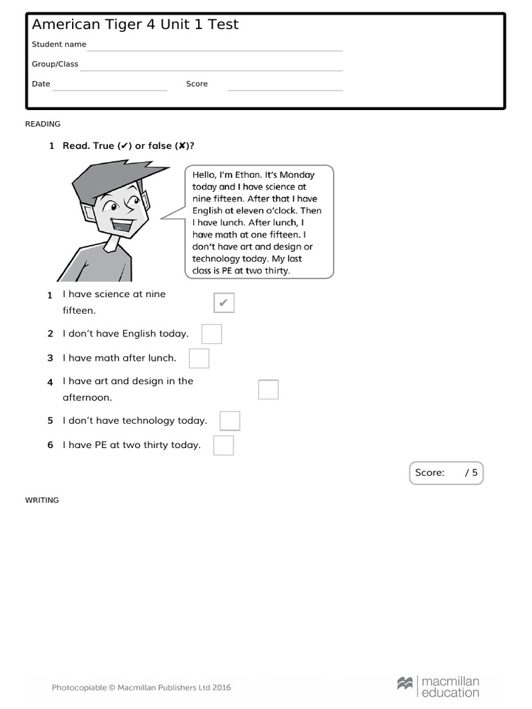 American Tiger 4 Unit 1 Test: Read. True ( ) or False ( ) ? 1 | PDF