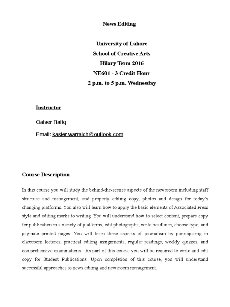Course Outline News Editing | PDF | Editing | Newsroom