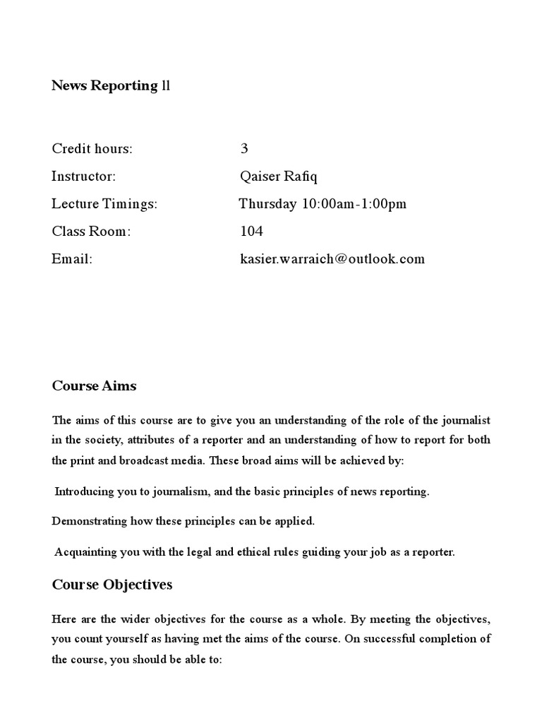 Course Outline News Reporting | PDF | Journalism | Journalist