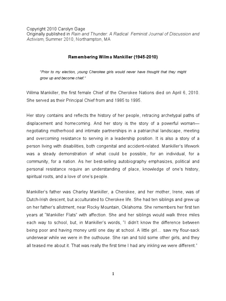 Remembering Wilma Mankiller | PDF | Native Americans In The United ...