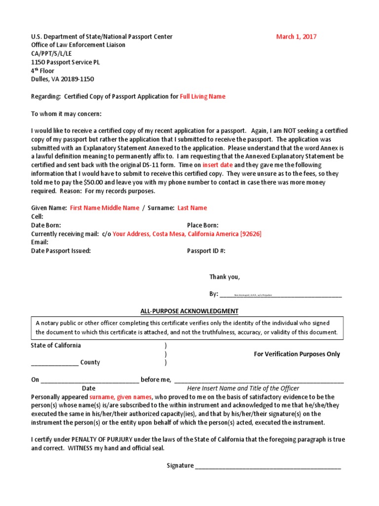 Passport Office Letter For Certified Copy of Passport Application | PDF ...