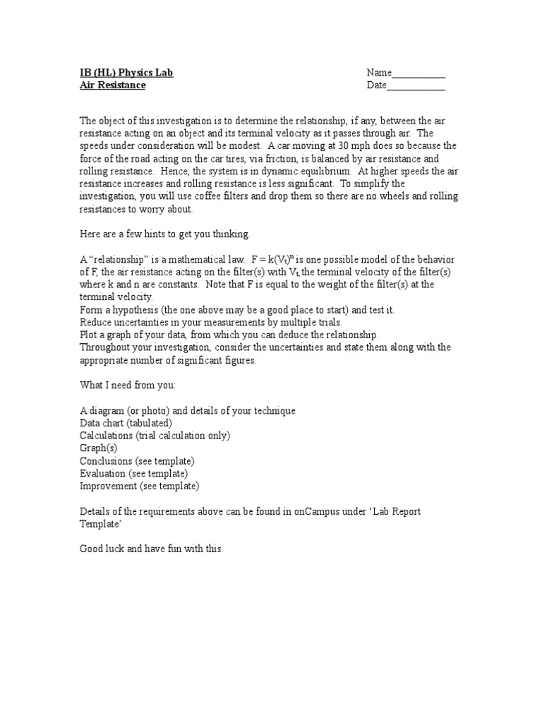IB (HL) Physics Lab Air Resistance | PDF