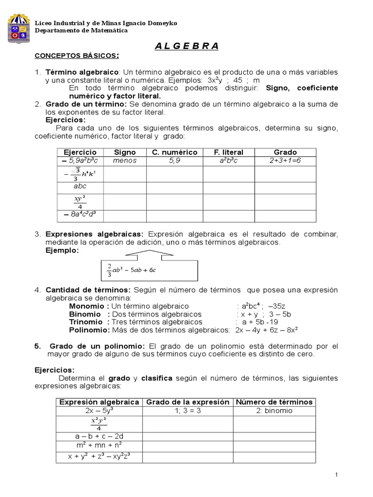 Guia de Conceptos Algebra | Descargar gratis PDF | Multiplicación ...