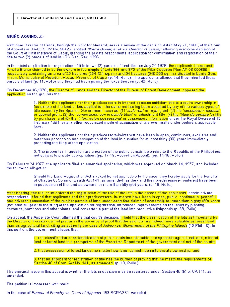 Land Title Dispute: Director of Lands v. Bisnar | PDF | Evidence (Law ...