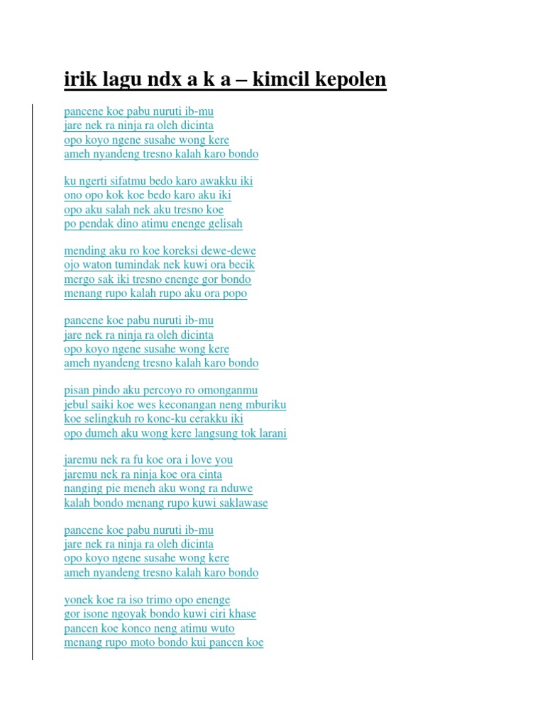 Lirik Lagu NDX A.K.A. Kimcil Kepolen | PDF