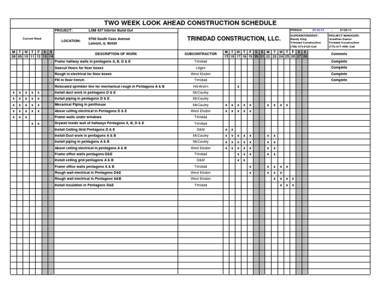Sample Two-Week Look Ahead Construction Schedule PDF | PDF | Ceiling ...