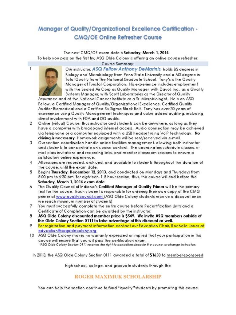 Manager of Quality/Organizational Excellence Certification - CMQ/OE ...