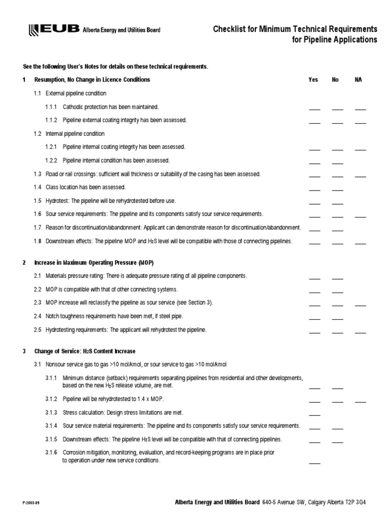 Checklist For Minimum Technical Requirements For Pipeline Applications ...