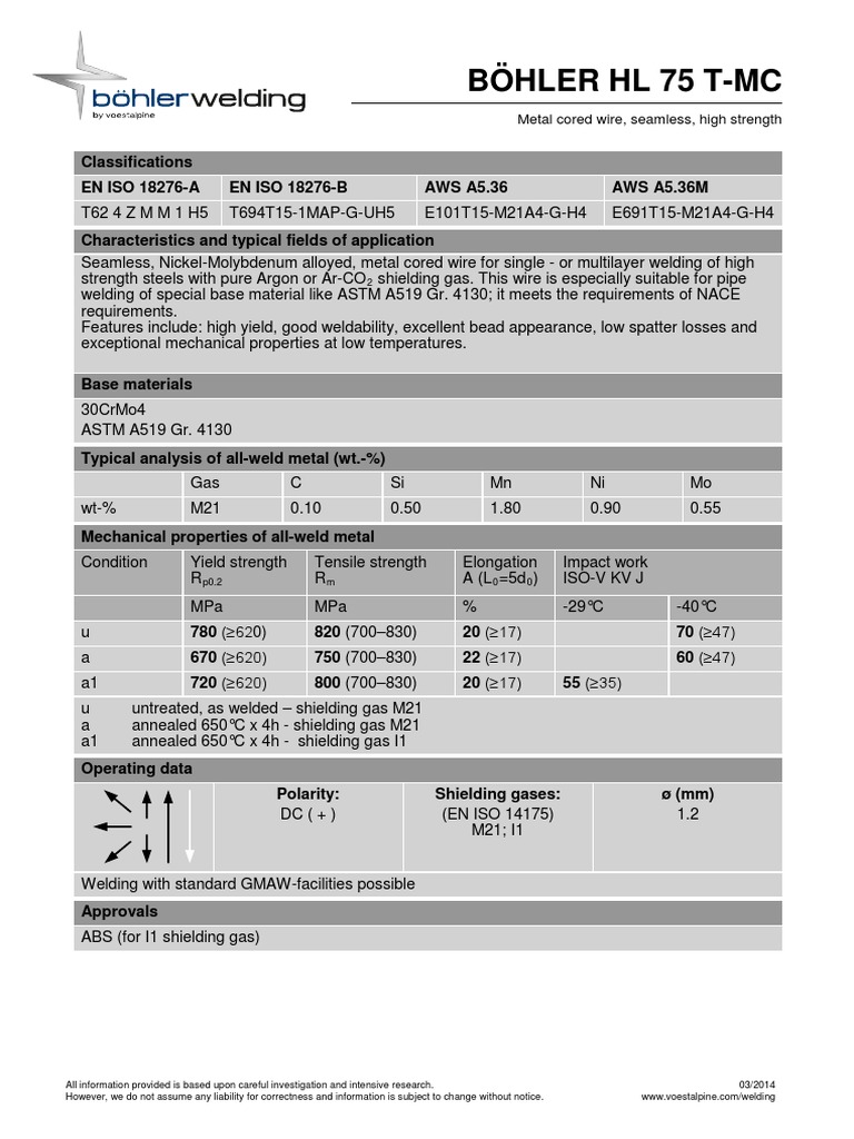 Boehler HL 75 T-MC | PDF | Welding | Construction