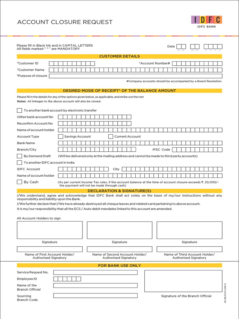 IDFC Bank Account Closure Request Form | PDF | Government Finances | Banks