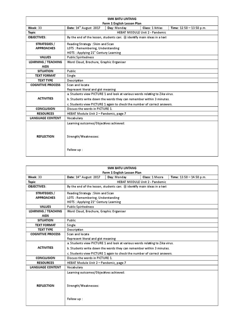 Lesson Plan Form One KSSM | PDF | Lesson Plan | Reading (Process)