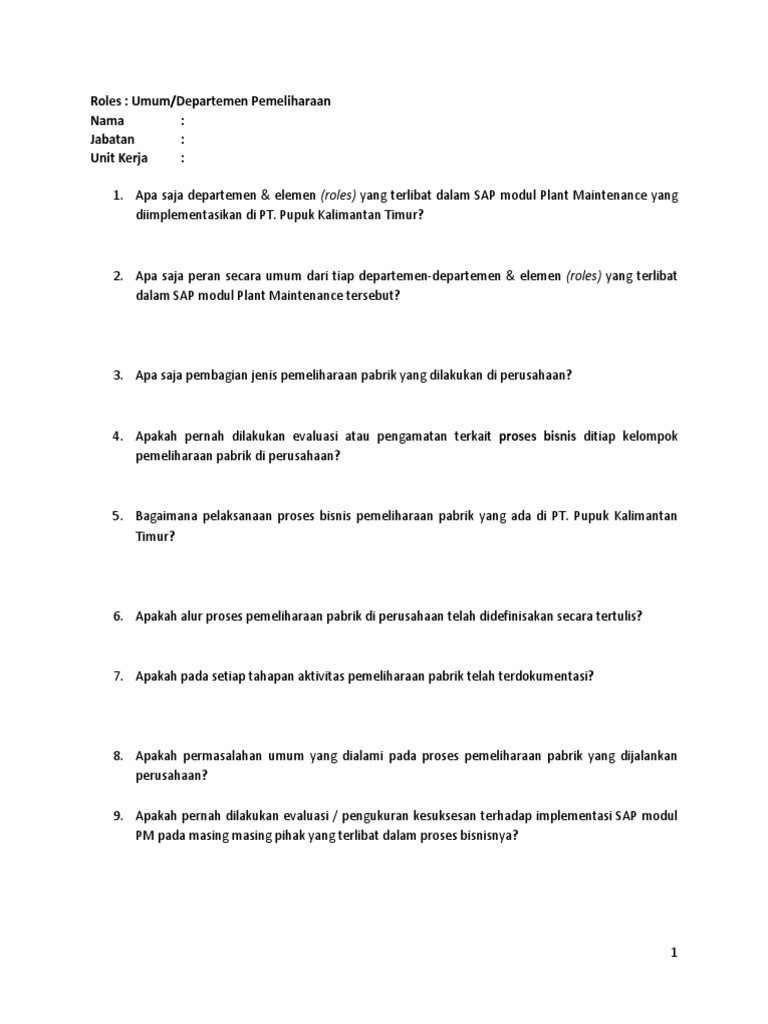 List Pertanyaan Utk Evaluasi Implementasi SAP Modul PM | PDF