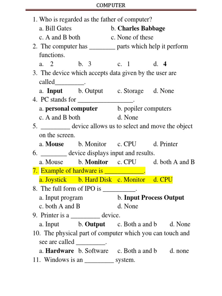 Computer Worksheet With Answers | Download Free PDF | Input/Output | Icon (Computing)