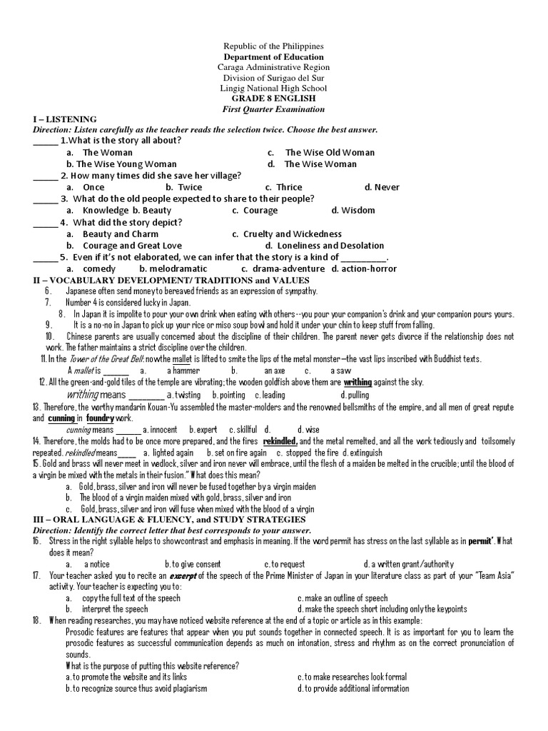 1st Quarter Exam - Grade 8 English Modified-PDF Final | PDF | Sita | Rama
