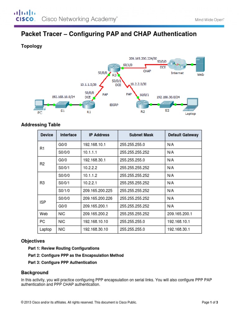 3.3.2.7 Packet Tracer - Configuring PAP and CHAP Authentication Instructions PDF | PDF | Router ...
