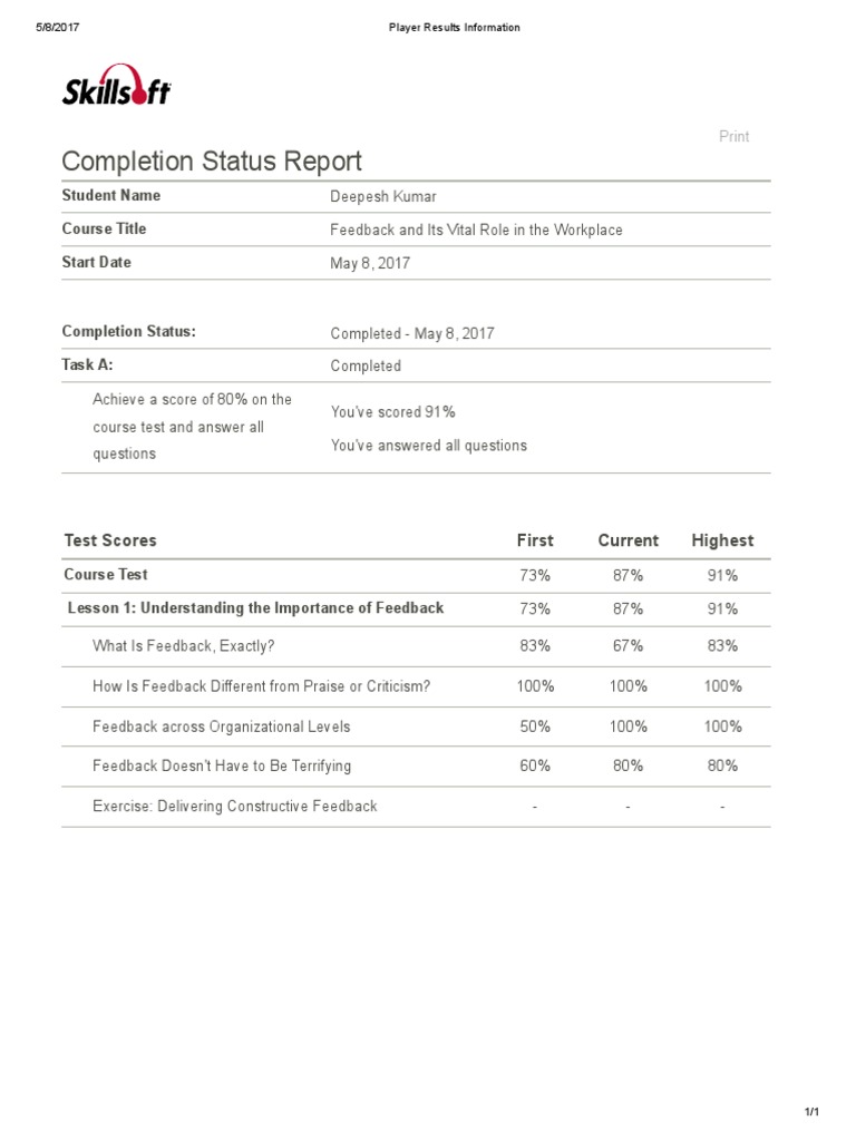 Completion Status Report: Test Scores First Current Highest | PDF