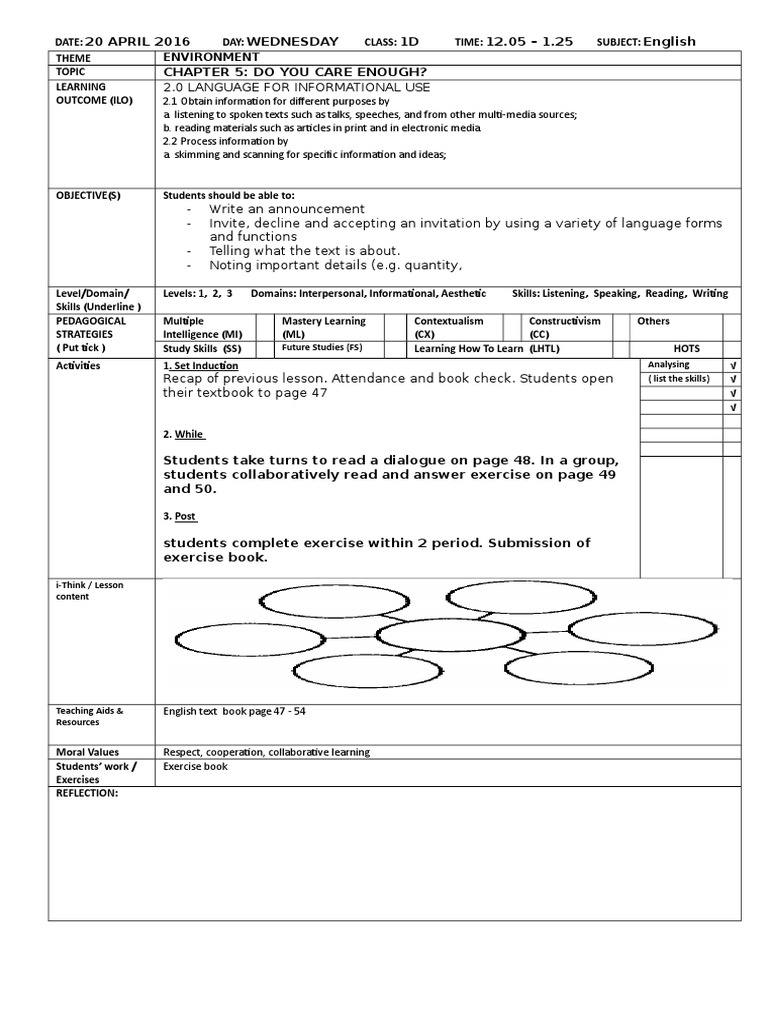 FORM 1 ENGLISH Lesson Plan | PDF | Educational Technology | Lesson Plan