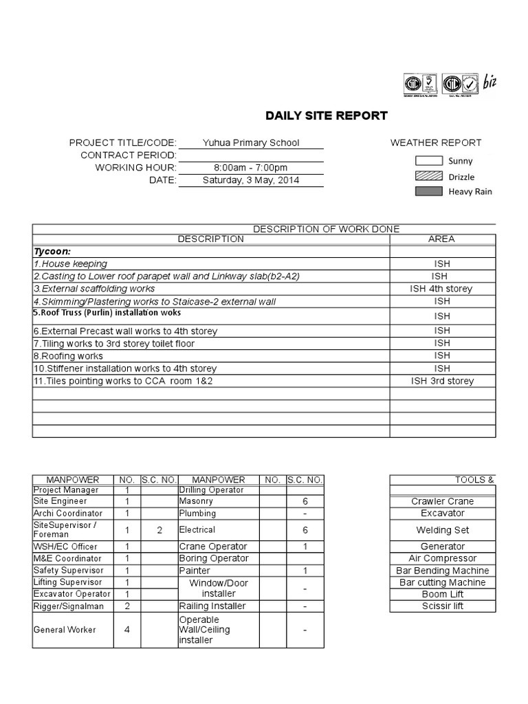 Daily Site Report: Tycoon | PDF | Building Engineering | Building Materials