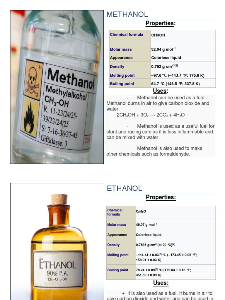 Methanol: Properties | PDF | Methanol | Ethanol